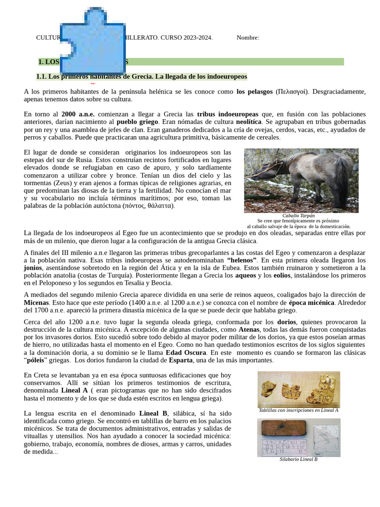 Cultura Grecia. Ficha 1 | PDF | Grecia micénica | Antigua Grecia