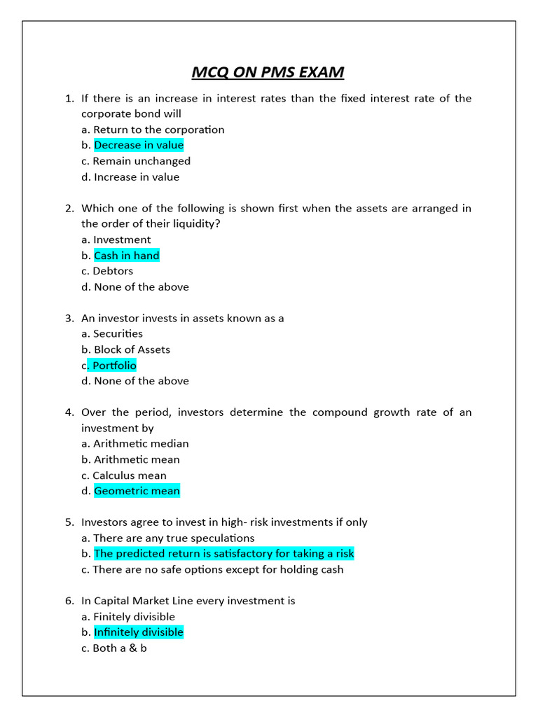 MCQ On PMS Exam | PDF | Investing | Speculation