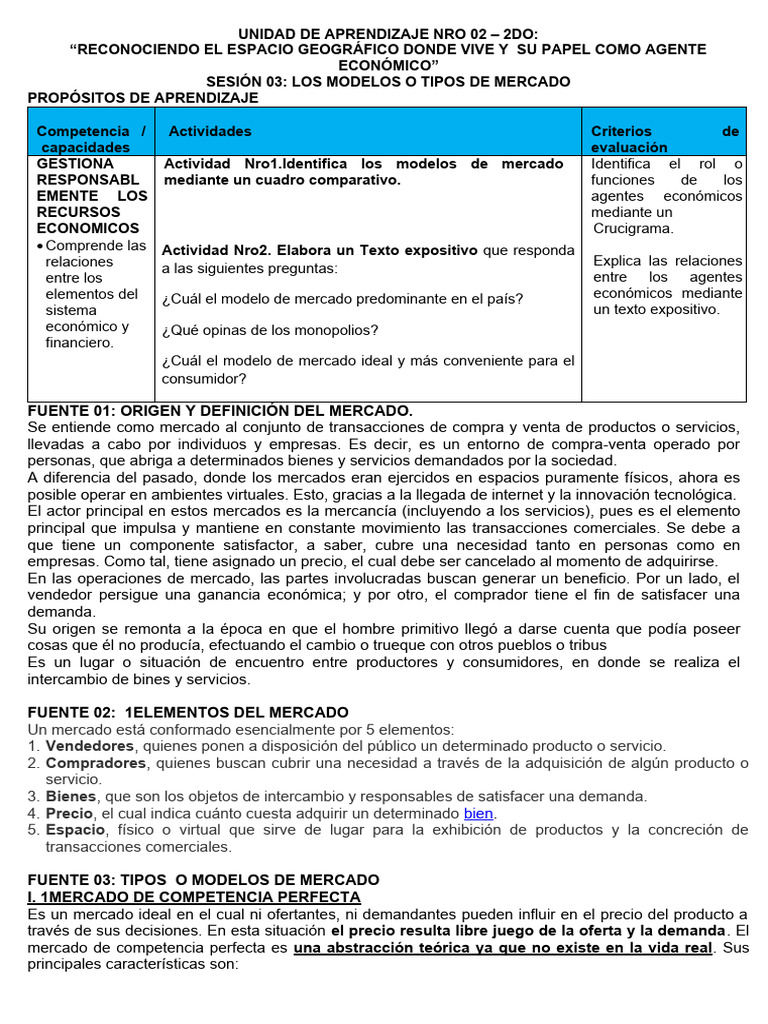 Hoja de Trabajo 03-II Unid-5to-Los Modelos o Tipos de Mercado | PDF ...