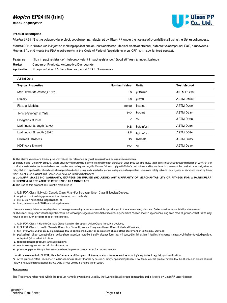 Moplen EP241N Technical Data Sheet | PDF | Medical Device | Food And ...
