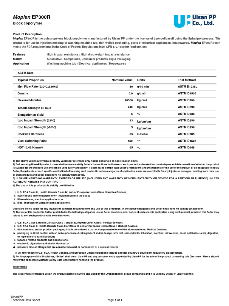 Moplen EP300R Block Copolymer Overview | PDF