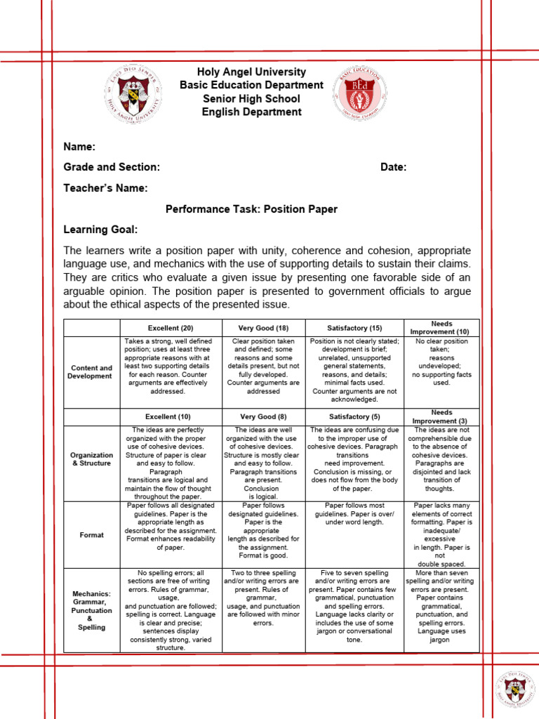 POSITION PAPER - Template | Download Free PDF | Grammar | Paragraph
