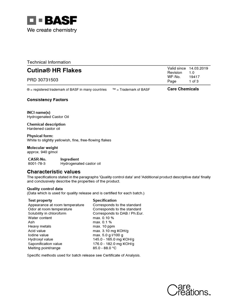 Ficha Tecnica Aceite de Ricino Castor Hidrogenado Cutina HR Flakes ...