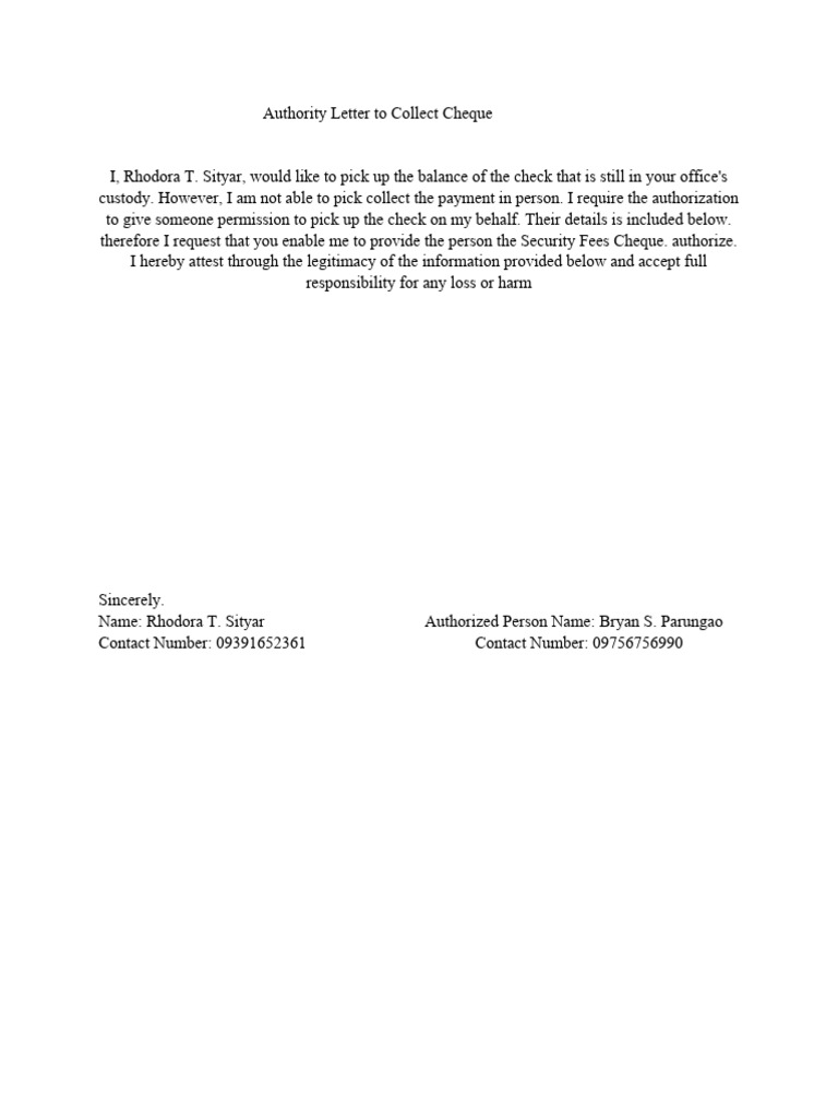 Authority Letter for Cheque Collection | PDF | Politics | Social Science