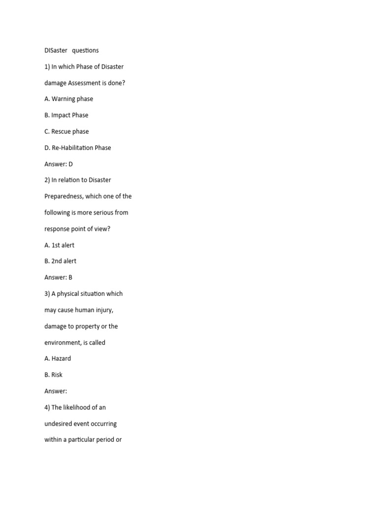 Disaster Management Multiple Choice Questions | PDF | Risk | Hazards Disaster Management Multiple Choice Questions | PDF | Risk | Hazards