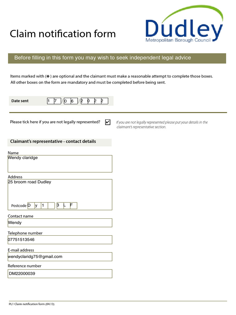 Personal Injury Claim Notification Form | PDF | Justice | Crime & Violence