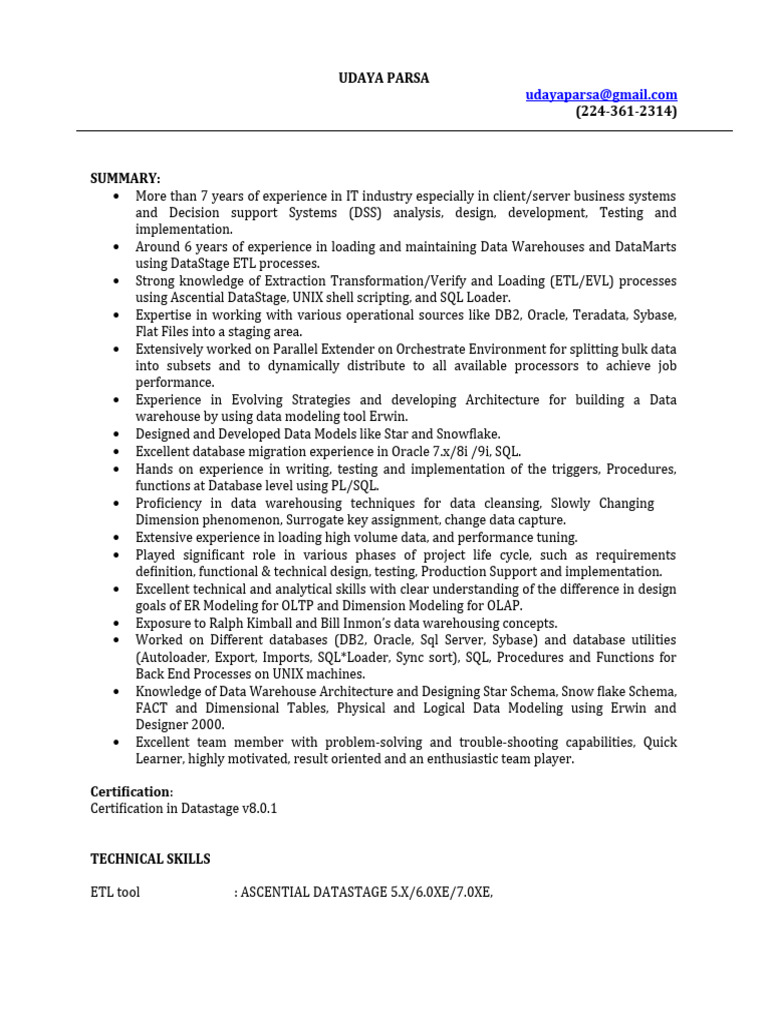 Udaya Parsa Resume Pdf Ibm Db2 Data Warehouse