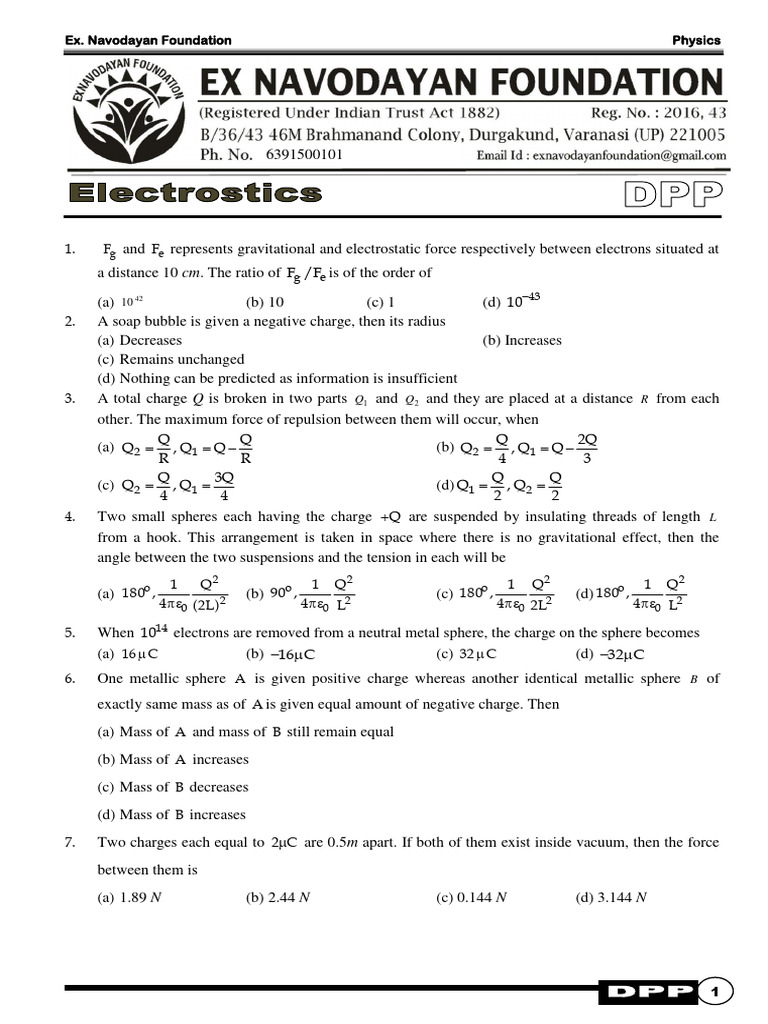 Electrostatics DPP | Download Free PDF | Electric Field | Electronvolt