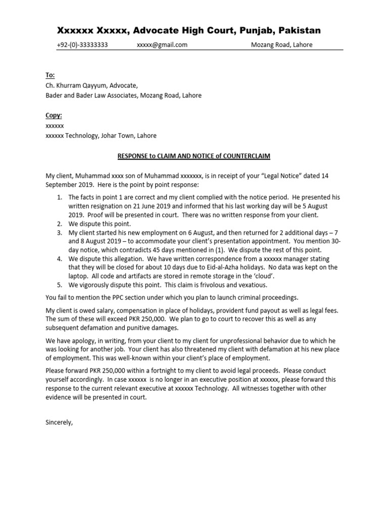 Legal Response to Counterclaim Notice | PDF