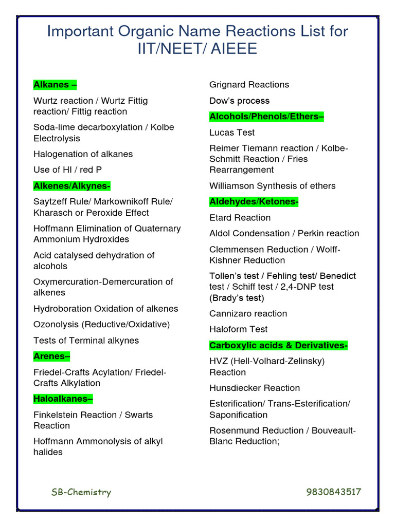 Important Name Reactions for NEET | PDF | Ester | Alkene