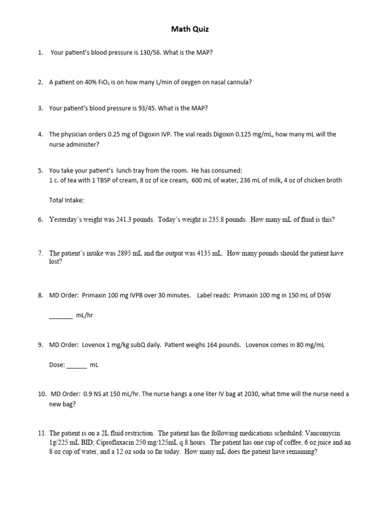 Math Quiz Week 3 | PDF | Intravenous Therapy | Pharmacology