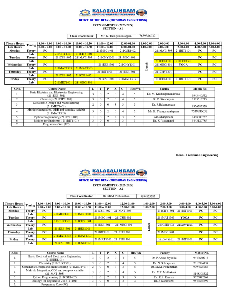 Time Table A1-A15 - Kare - Even Semester (2023-2024) - Regular Classes | PDF