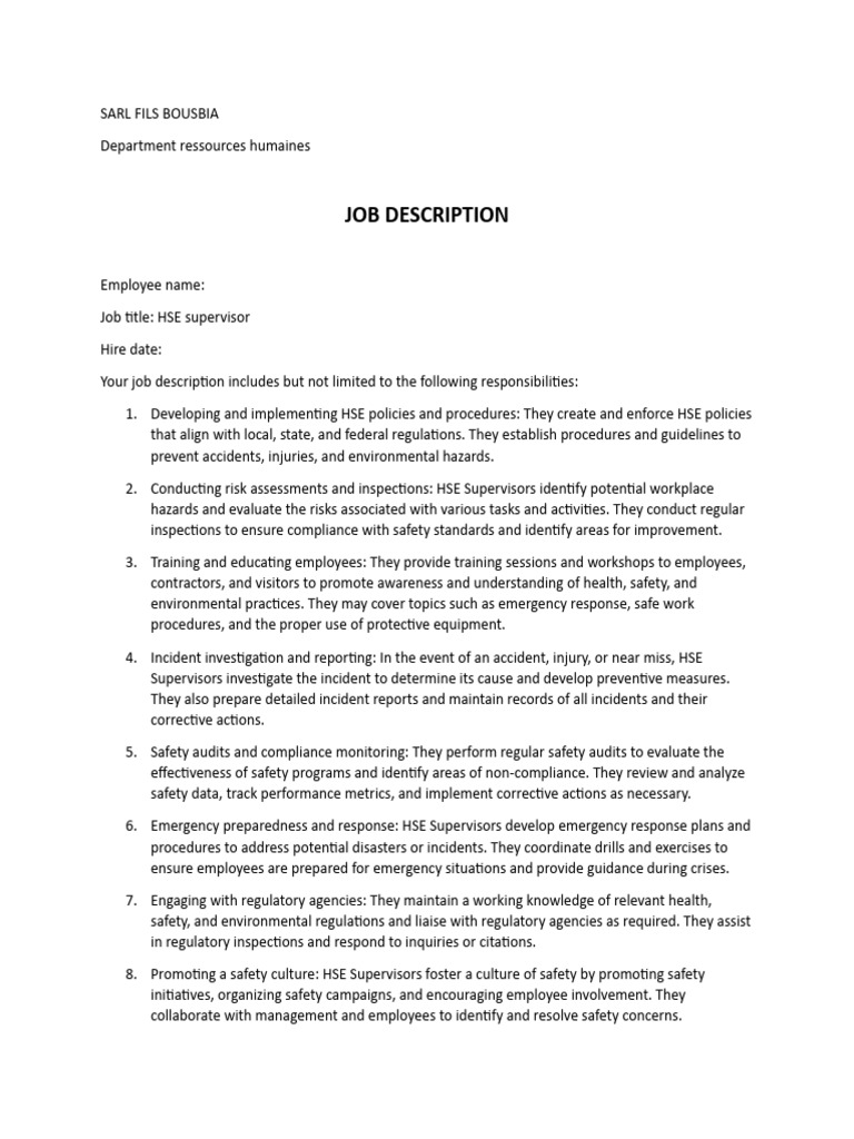 HSE Supervisor Job Responsibilities | PDF | Emergency Management | Safety