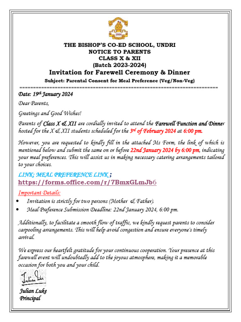 Farewell Ceremony Invitation for Parents | PDF | Wellness | Technology ...