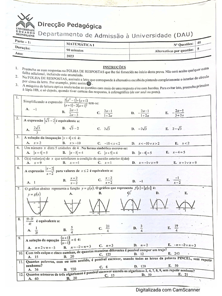 Matemática 1 2023 UEM | PDF