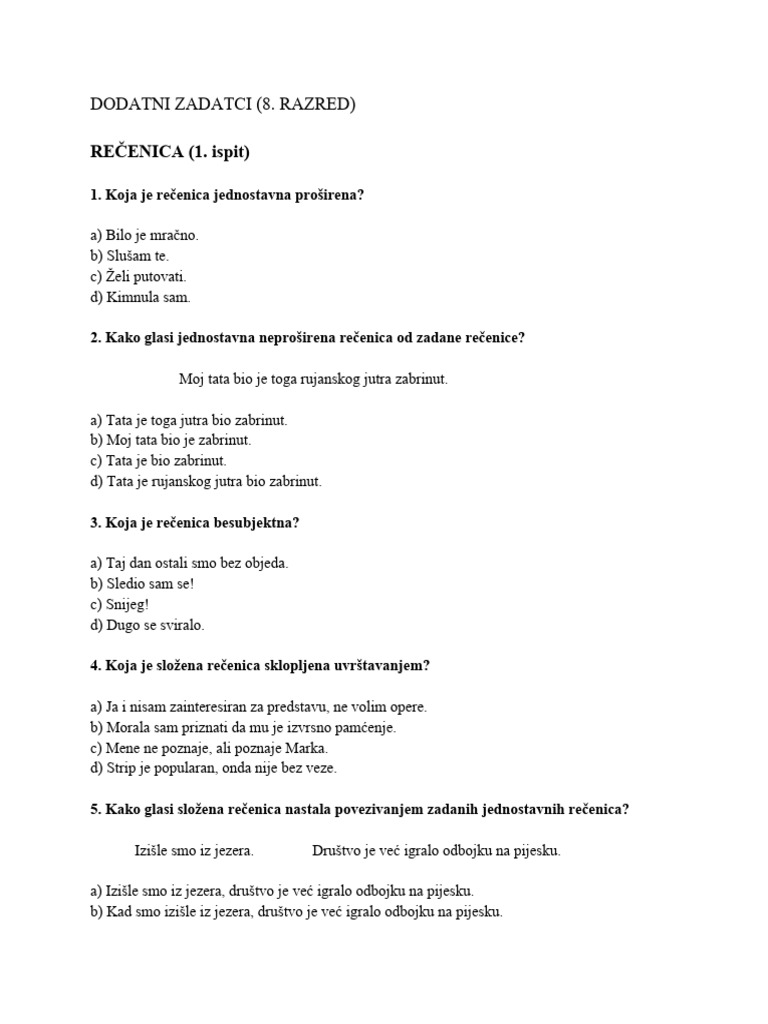 Rečenica (1. Ispit) - 8. Razred | PDF