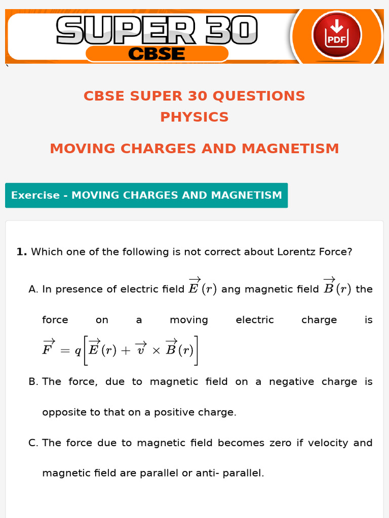 Cbse Super 30 Questions Class 12 Physics Moving Charges and Magnetism Doubtnut 2023 | PDF ...