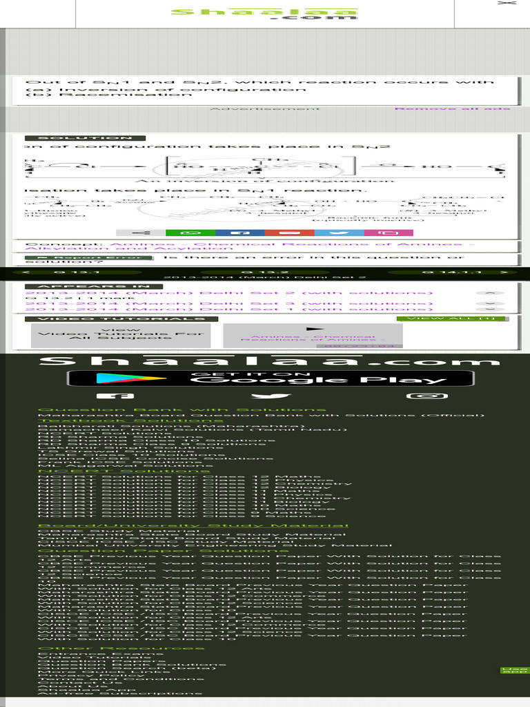 Out of Sn1 and Sn2, Which Reaction Occurs With (A) Inversion of ...