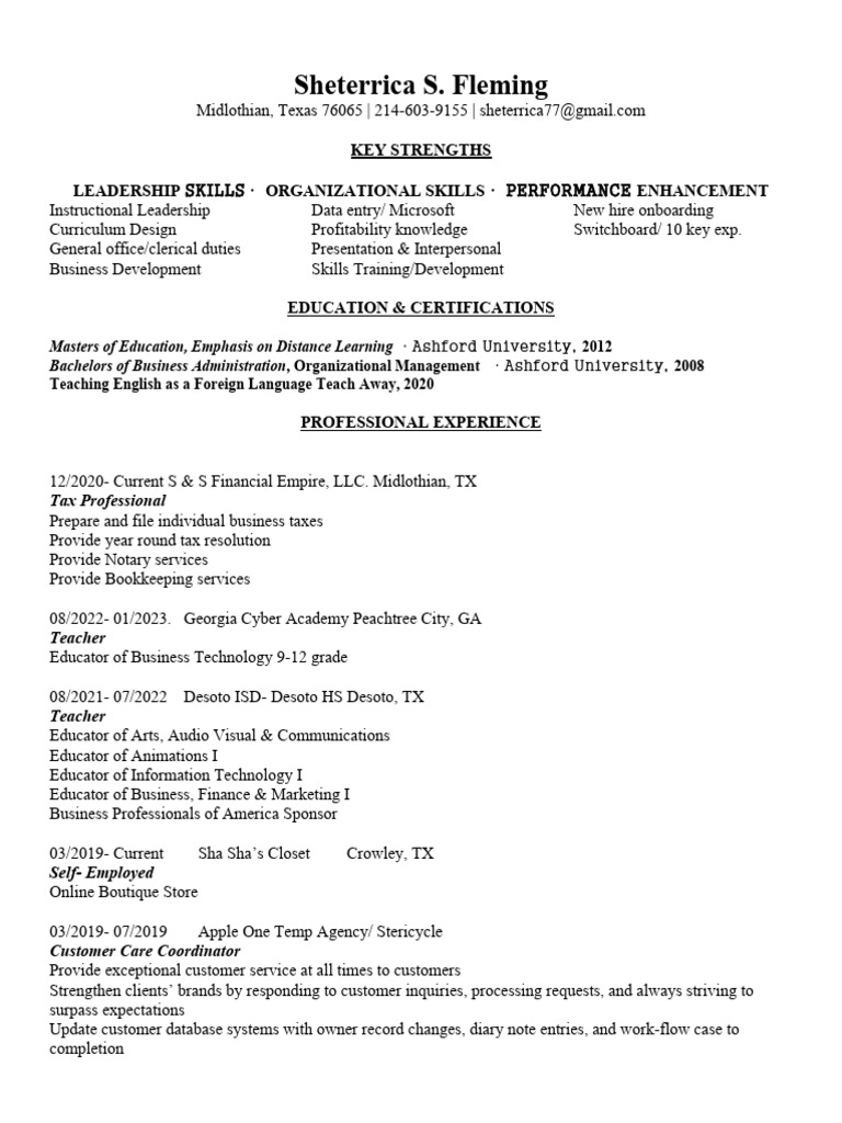 Sheterrica Fleming Resume Updated | PDF | Teachers | Business