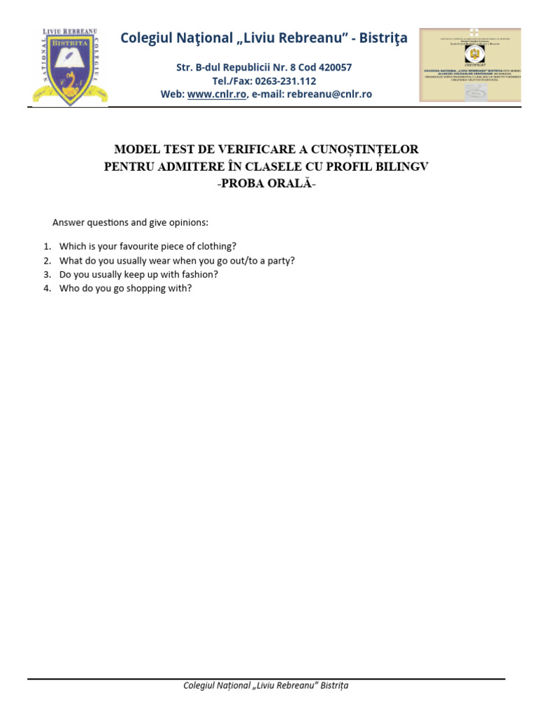 Model Test Bilingv Engleză Oral | PDF