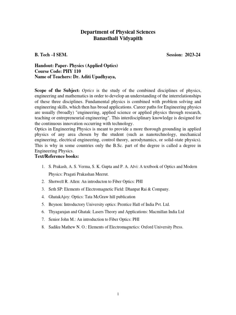 Applied Optics Handout | PDF | Diffraction | Applied And ...