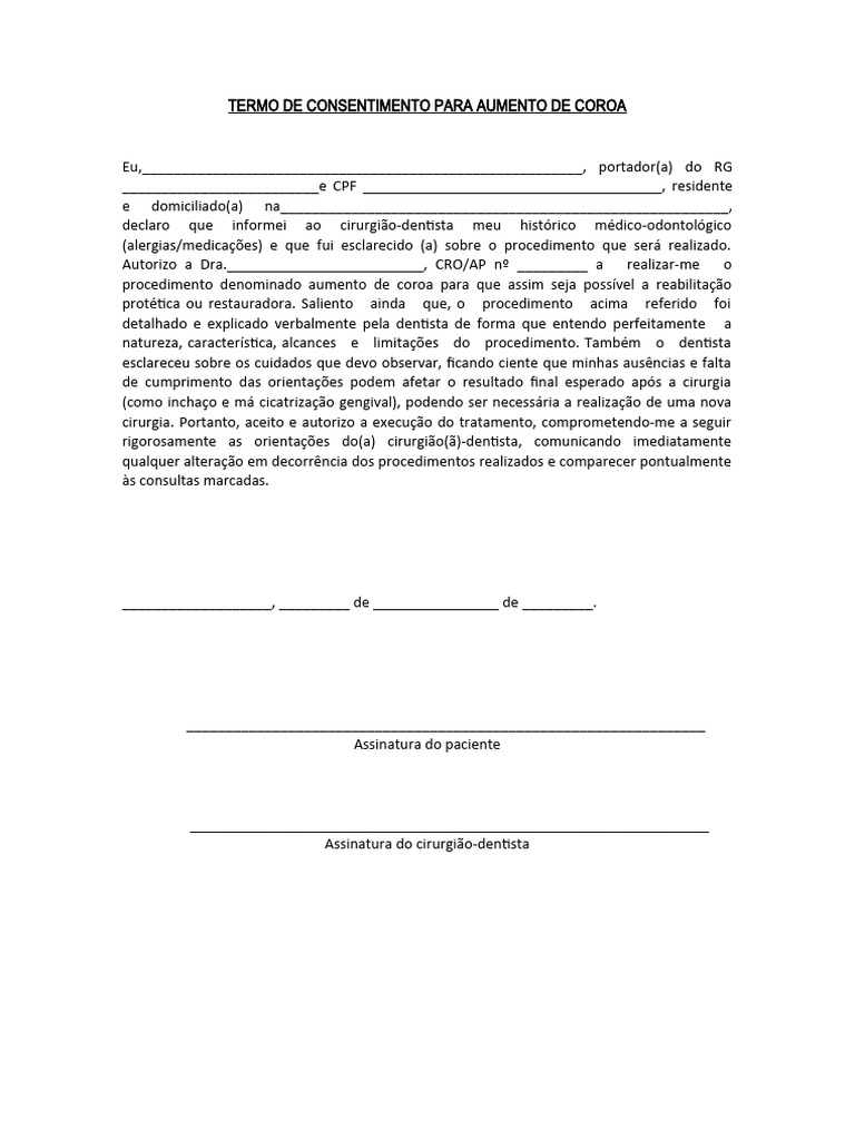 Termo de Consentimento para Aumento de Coroa | PDF Termo de Consentimento para Aumento de Coroa | PDF