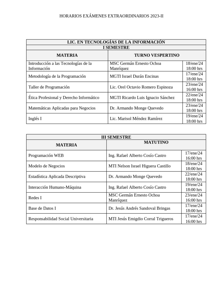 Horarios Examenes Extraordinarios 2023 II | PDF | Informática | Tecnologías de la información