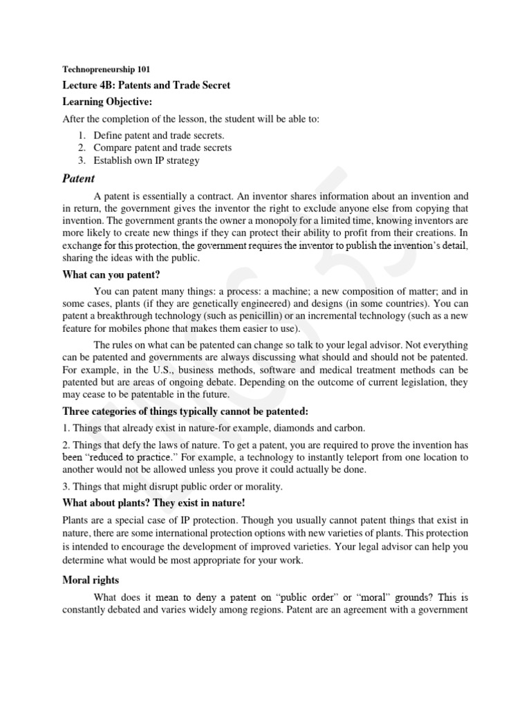 Techno 101 Lecture 4B Intellectual Property | PDF | Patent | Trade Secret