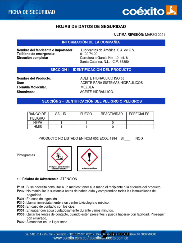 Hoja de Seguridad Hidraulico Iso 68 | PDF | Agua | Naturaleza