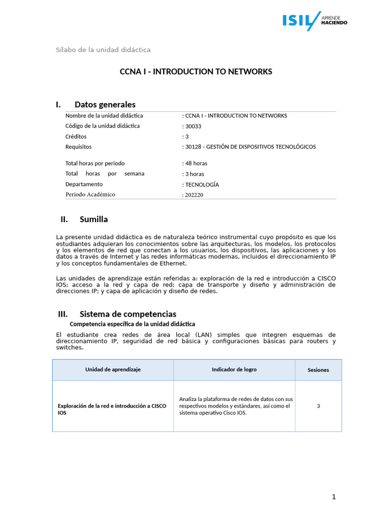 Silabo Ccna I - Introducción A Redes | PDF | Red de computadoras | Protocolos de internet
