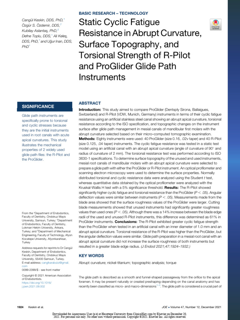 Static Cyclic Fatigue Resistance in Abrupt Curvature, Surface Topography, and Torsional Strength ...