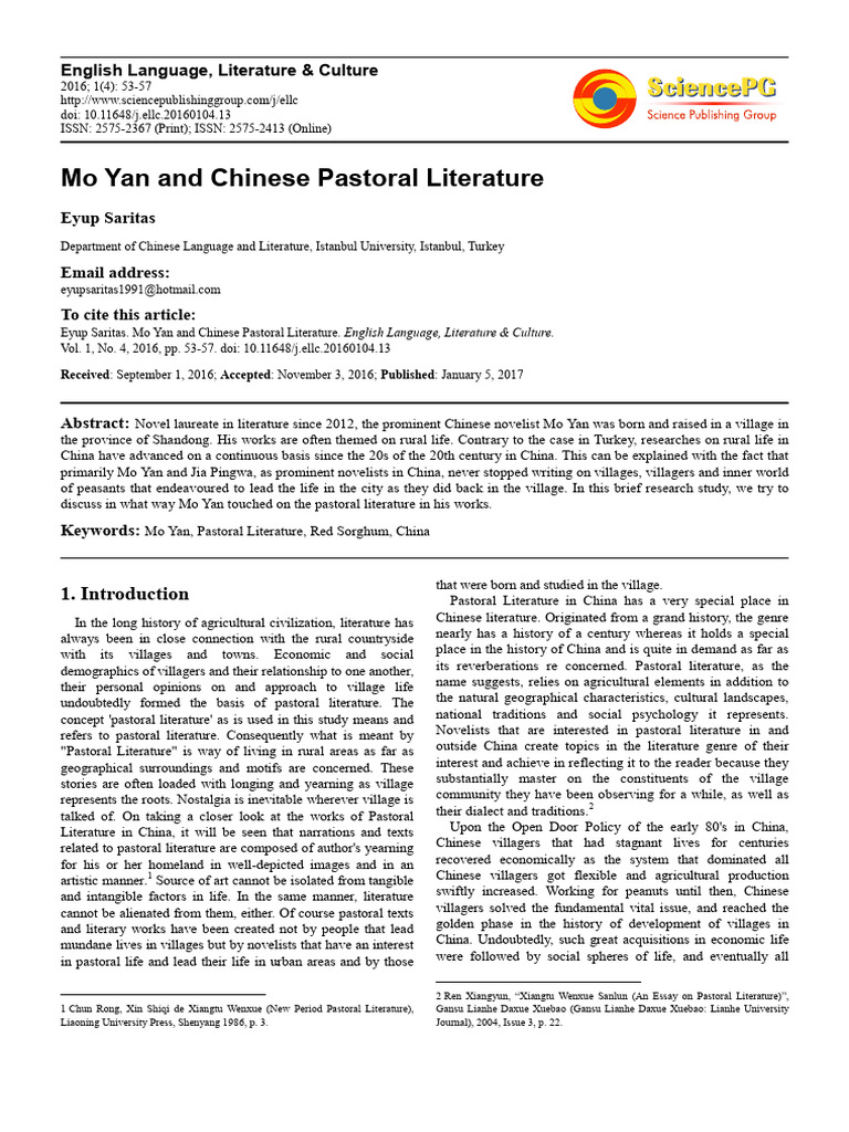 Mo Yan's Influence on Pastoral Novels | PDF | Novels | China