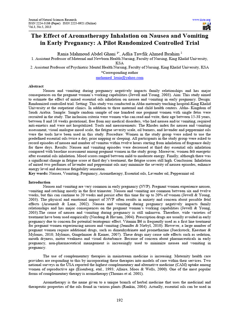 Ghani Effect of Aromatherapy On Nausea Vomiting Pregnancy 2013 | PDF ...