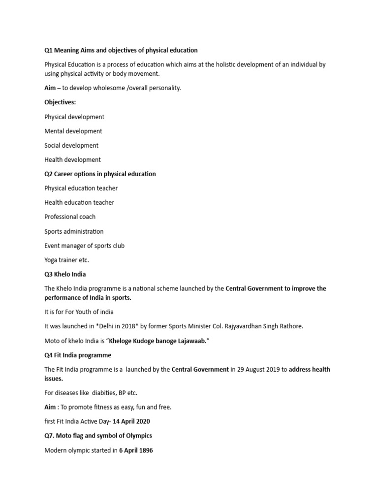 Physical Education Class 11 Important Questions PDF