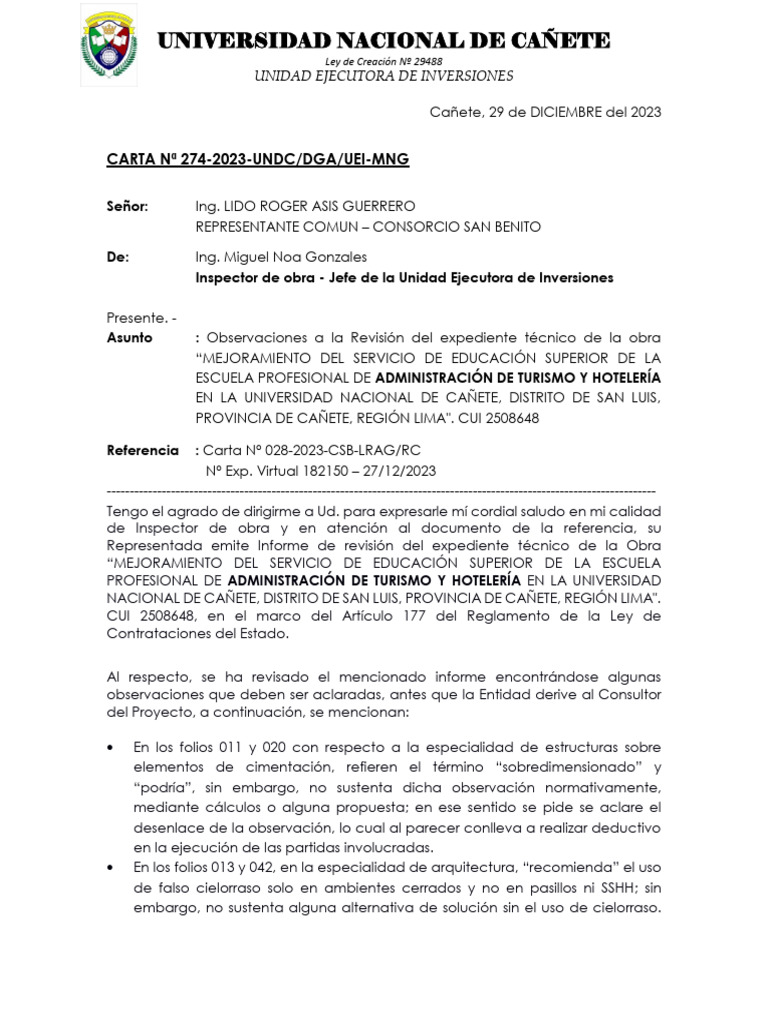 Carta N°274-2023 Obs Rev. Expediente Técnico Turismo (R) | PDF