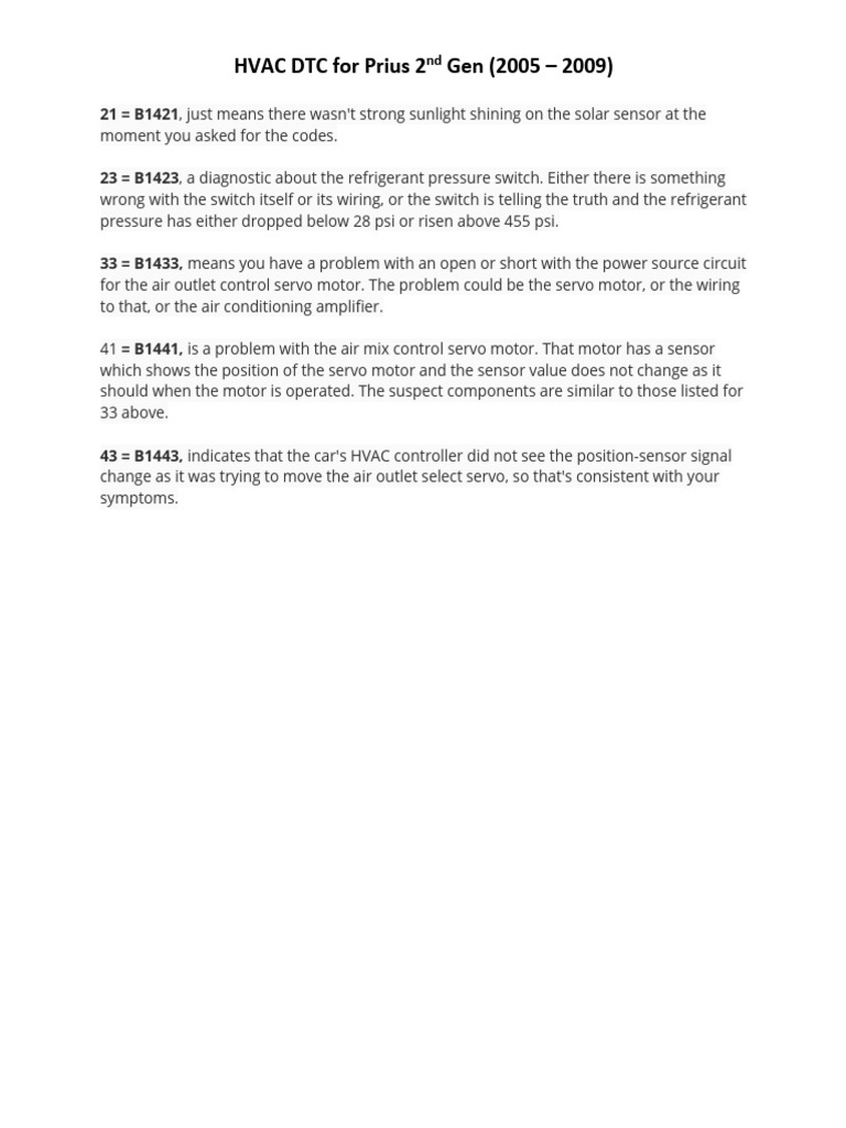 Prius 2nd Gen HVAC DTC Codes Guide | PDF