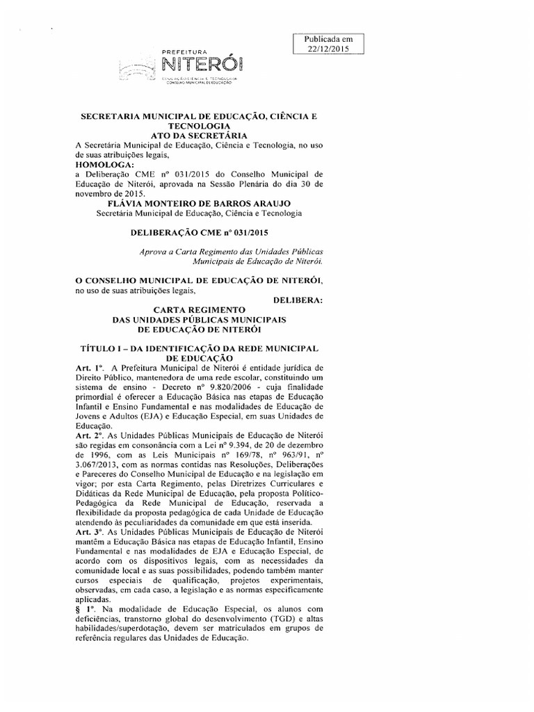 Deliberacao CME N 031 2015 Aprova A Carta Regimento Das Unidades ...