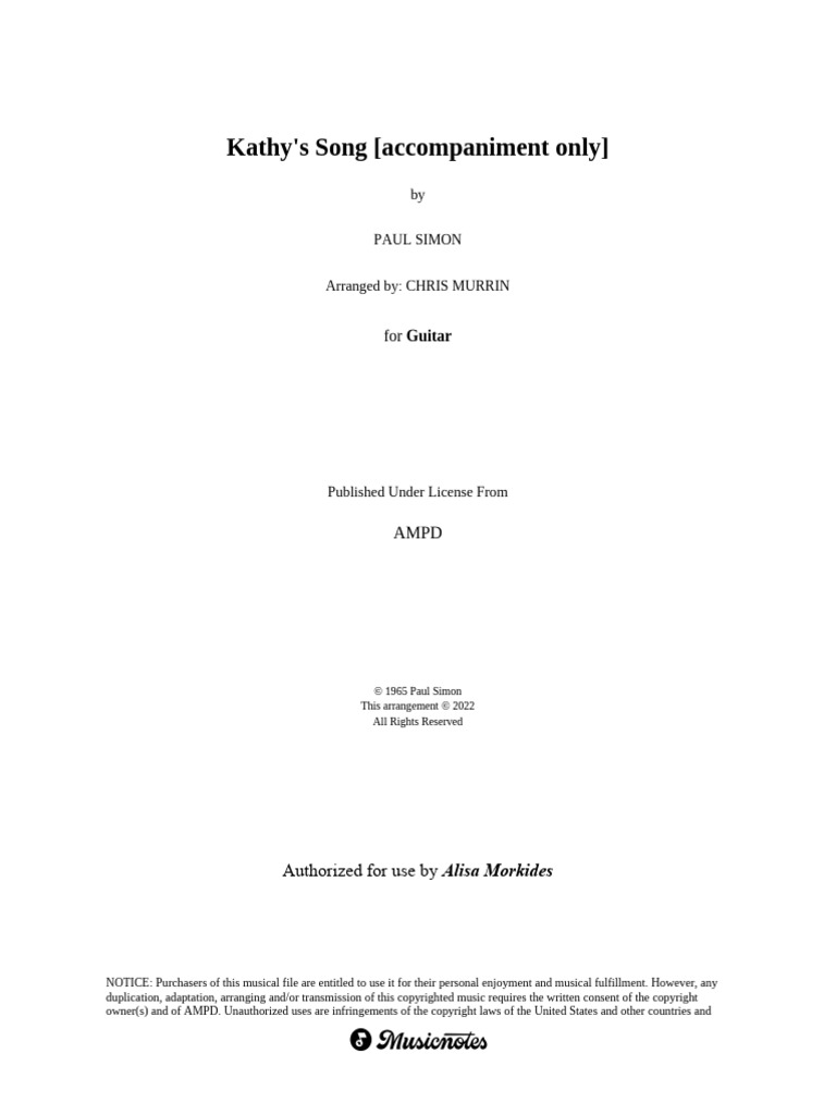 Kathy's Song (Accompaniment Only) - G Major - MN0248650 | PDF ...