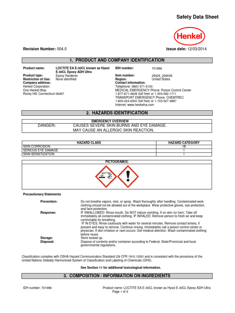 Loctite 29329, IDH 237116 Safety Data Sheet | PDF | Personal Protective ...
