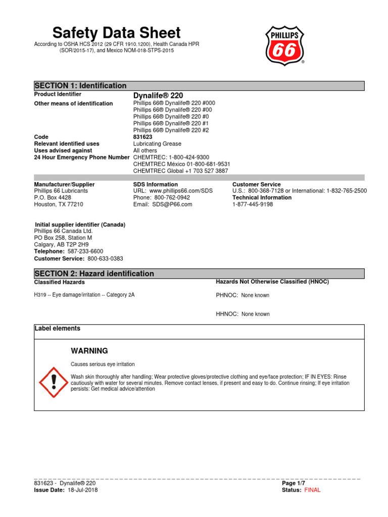 P66 Dynalife 220 SDS | PDF | Toxicity | Hazardous Waste