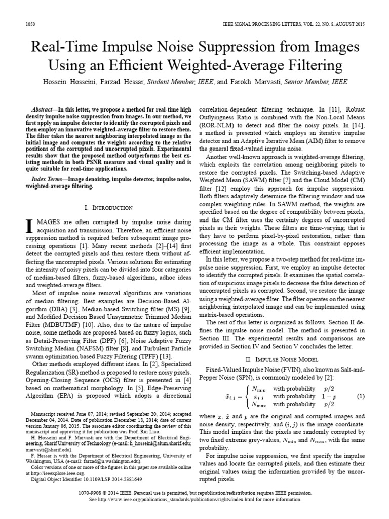 Real-Time Impulse Noise Suppression From Images Using An Efficient Weighted-Average Filtering ...