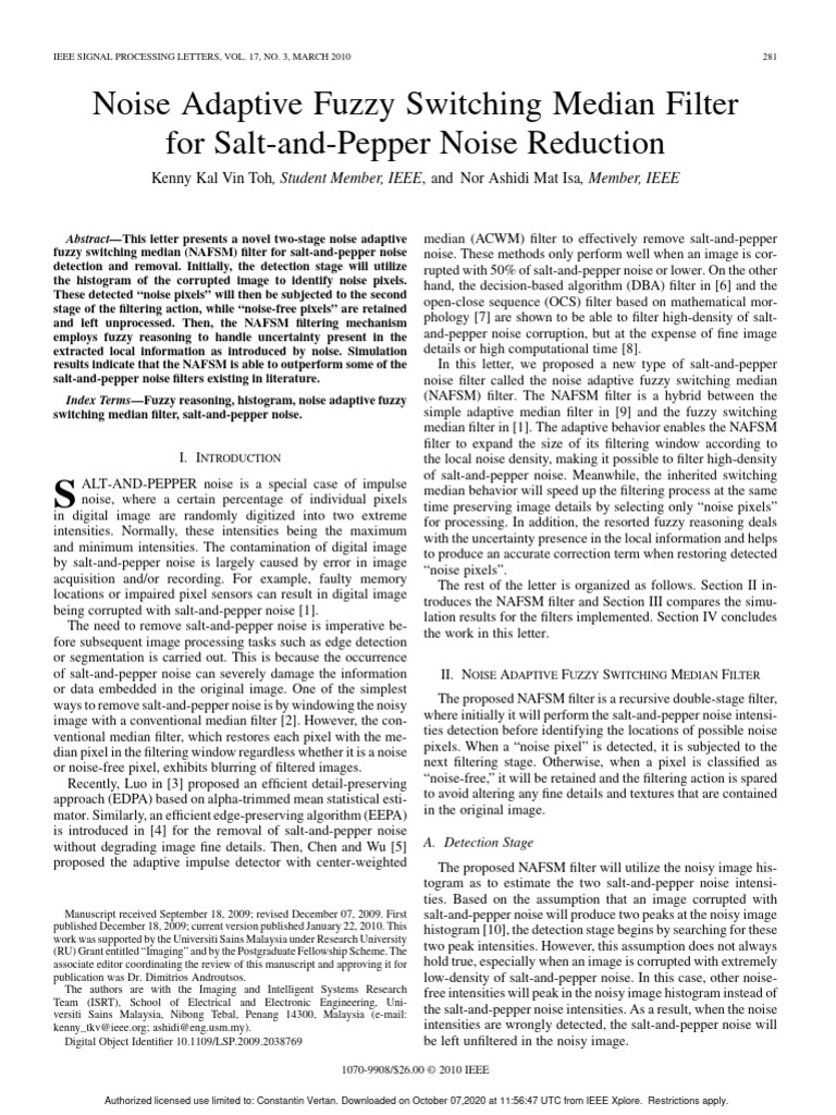 Noise Adaptive Fuzzy Switching Median Filter For Salt-and-Pepper Noise Reduction | Download Free ...