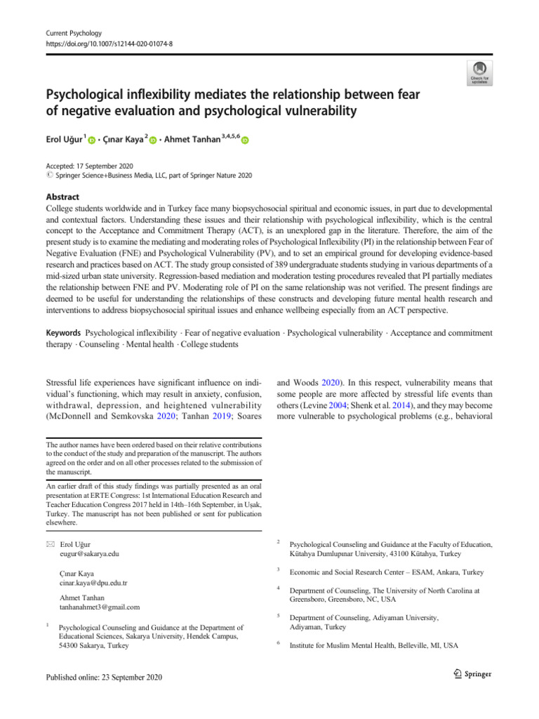 Psychological Inflexibility Mediates The Relationship Between Fear ...