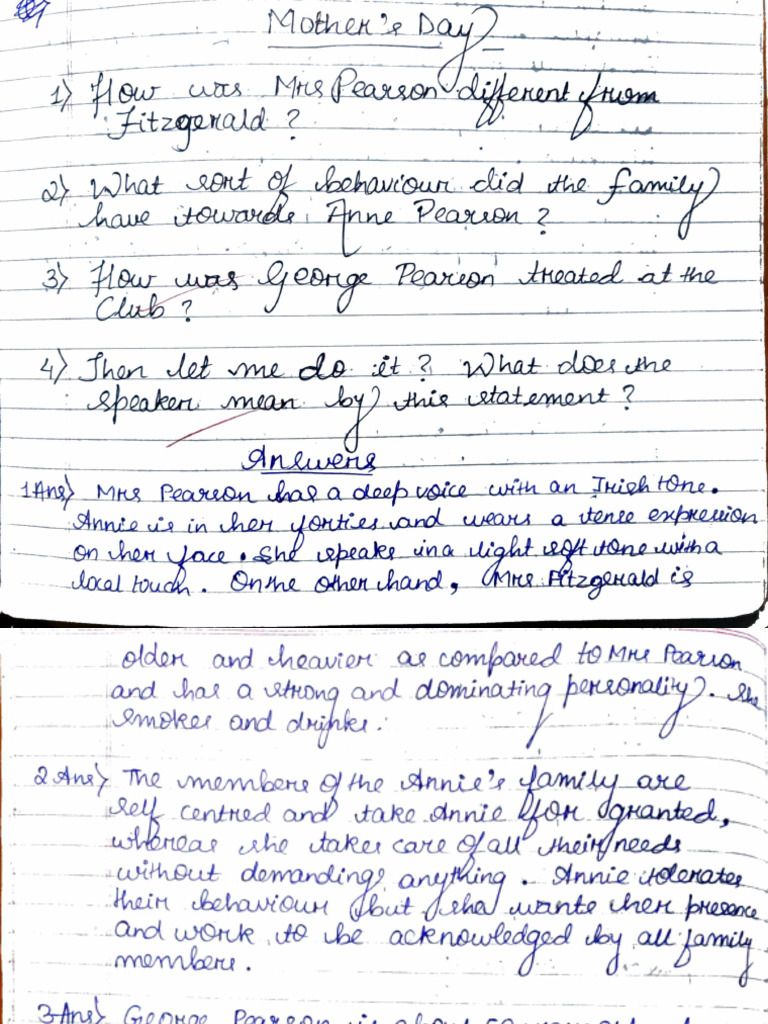 Class 11 Mother's Day Important Questions | PDF