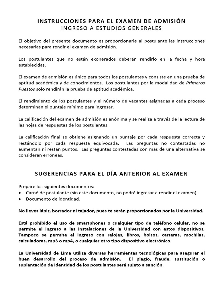 Admision - Instrucciones y Temario Del Examen - v1 | PDF | Ecuaciones ...