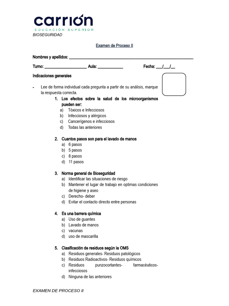 Examen de Proceso Ii - Bioseguridad | PDF | Lavado de manos | Infección