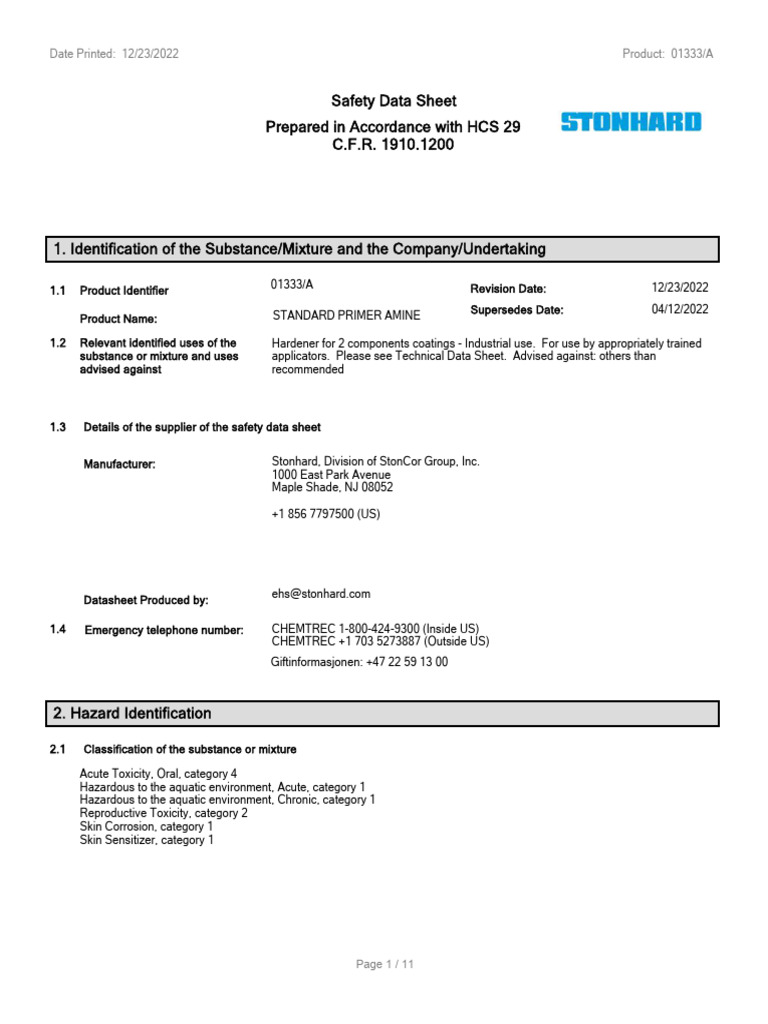 Standard Primer Amine SDS - en - US | PDF | Toxicity | Dangerous Goods
