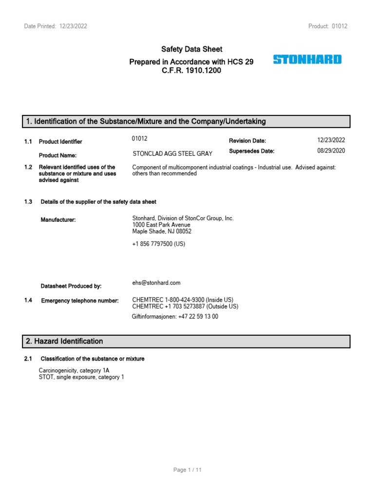 Stonclad GS Aggregate SDS - en - US | PDF | Silicon Dioxide | Dangerous Goods