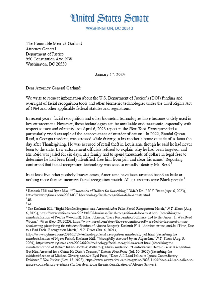 Sen. Kelly Letter To DOJ On Facial Recognition and Title VI | PDF ...