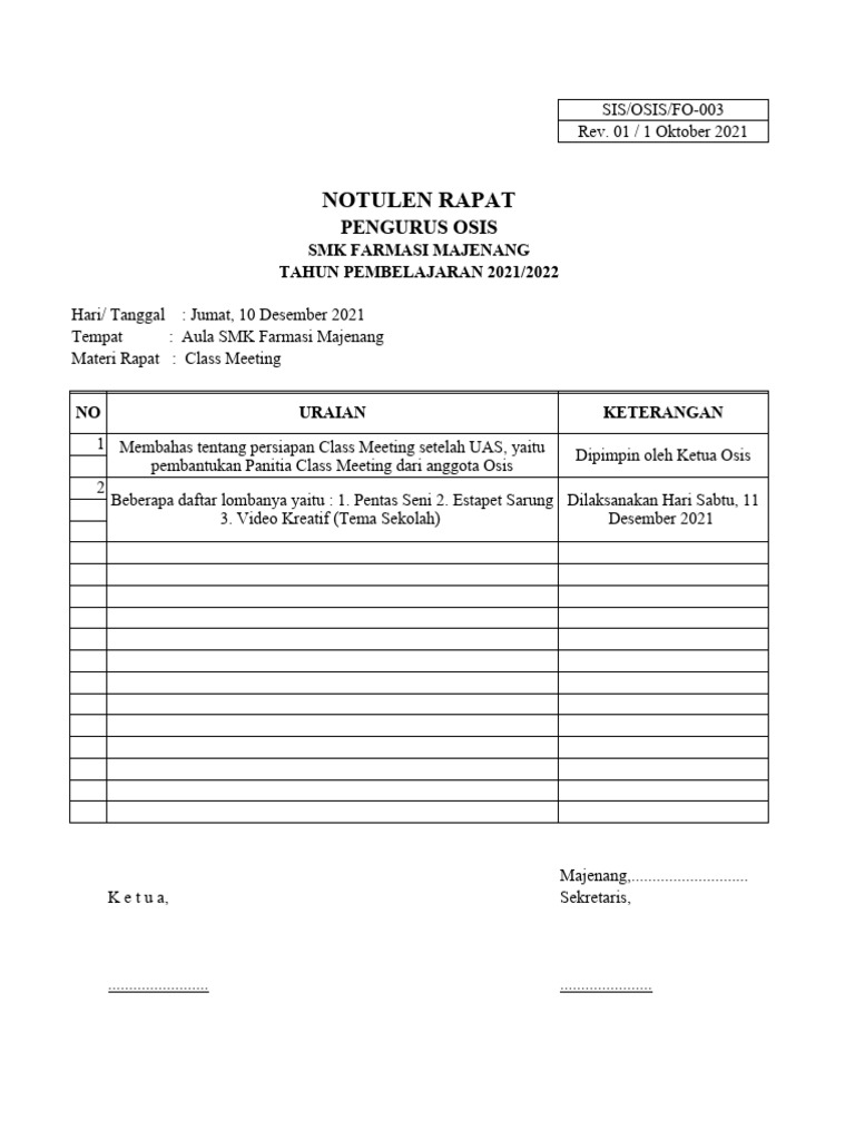 Notulen Rapat OSIS SMK Farmasi 2021 | PDF | Seni